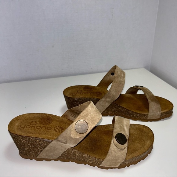 yokono | Shoes | Yokono Tan Suede Two Strap Wedge Heel Slide Sandal ...